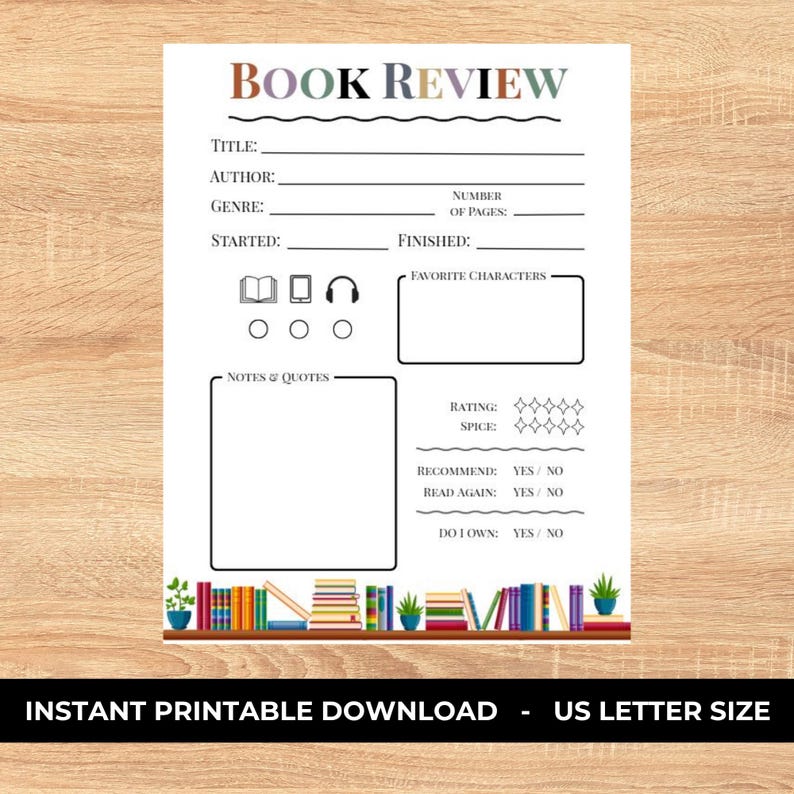 Book Review Printable: Reading Journal Page (digital Download) - Etsy