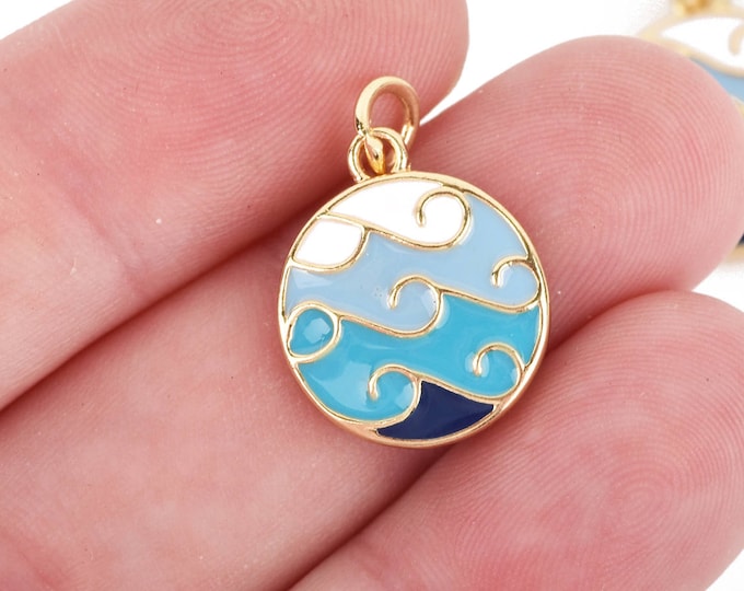 4 BEACH WAVE Charms, Gold Wave Charms, Blue and White Enamel and GOLD ...