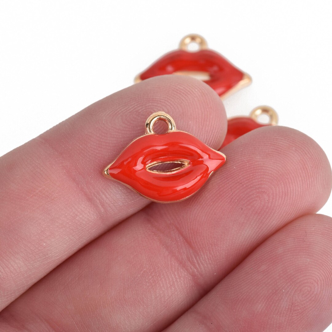 10 RED LIPS Charms, Gold Kiss Charms, Enamel Valentine's Day Charms ...