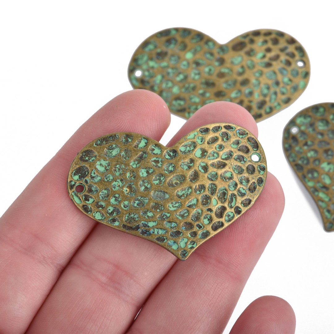 4 Bronze Sideways HEART Connector Links GREEN Verdigris Patina 47x32mm ...