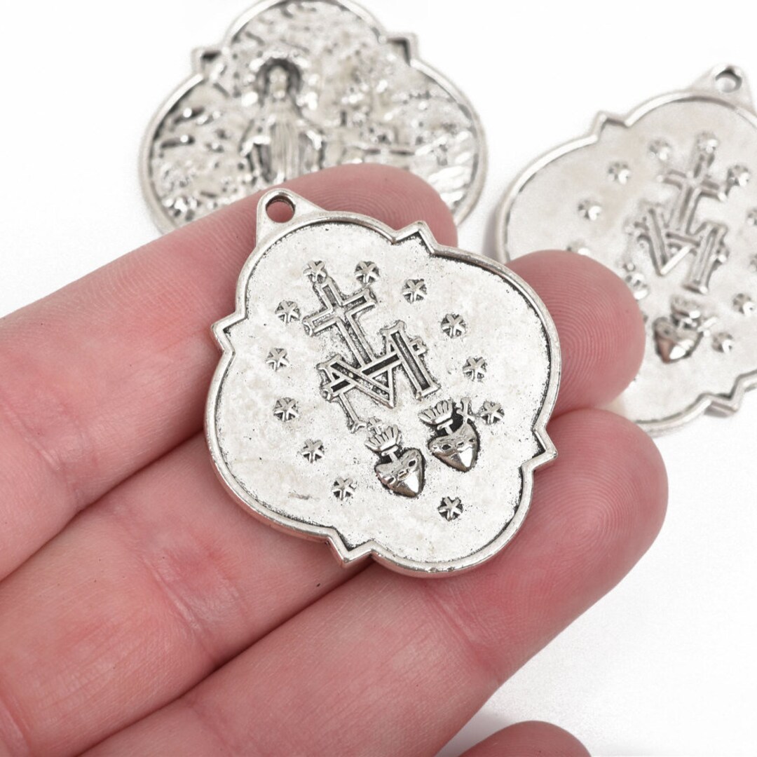 4 Silver Relic Charm Pendants, Religious Medal Coin Charms, Silver ...