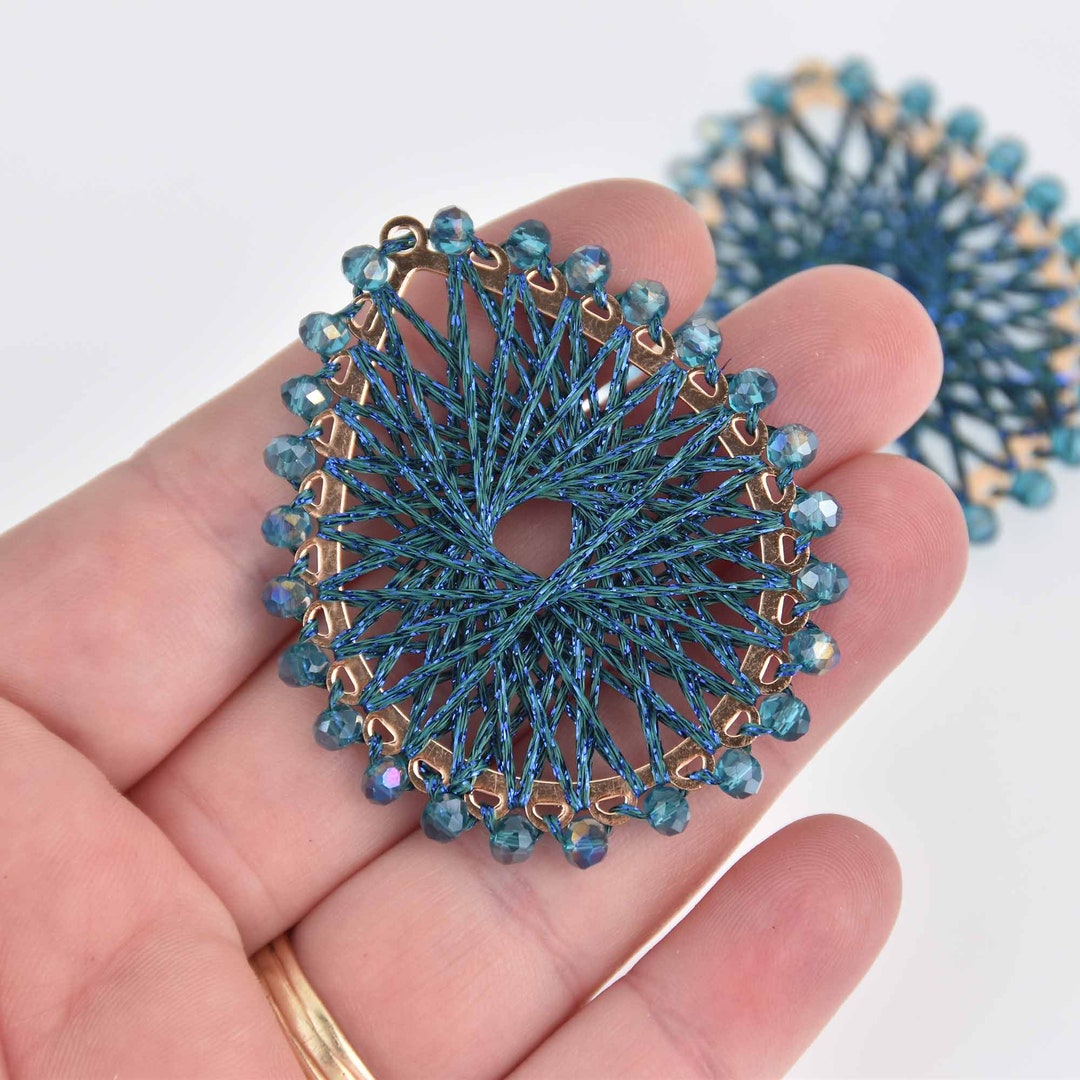 2 Crystal Teardrop Charms, Teal and Gold, Woven With Beads, 55mm ...
