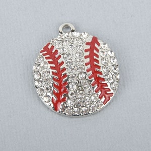 BASEBALL Charm Crystal Rhinestones Silver With Red Enamel, 1" Wide ...