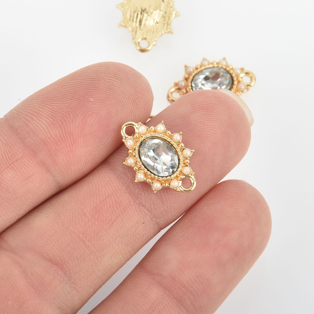 5 Gold Connector Link Charms, Oval Crystal Rhinestone With Tiny Faux ...