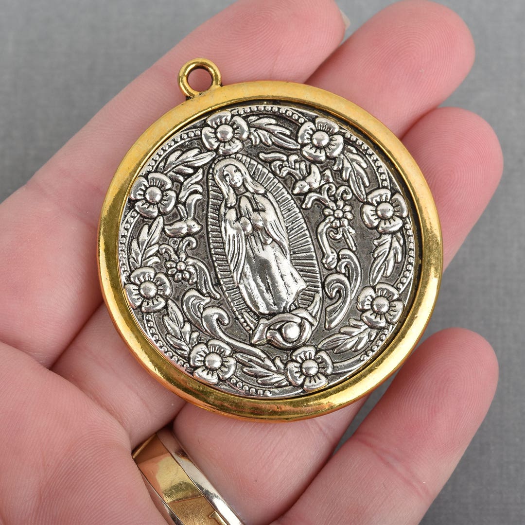 2 Religious Medal Charms, Gold and Silver Relic Charm Pendants, Double ...