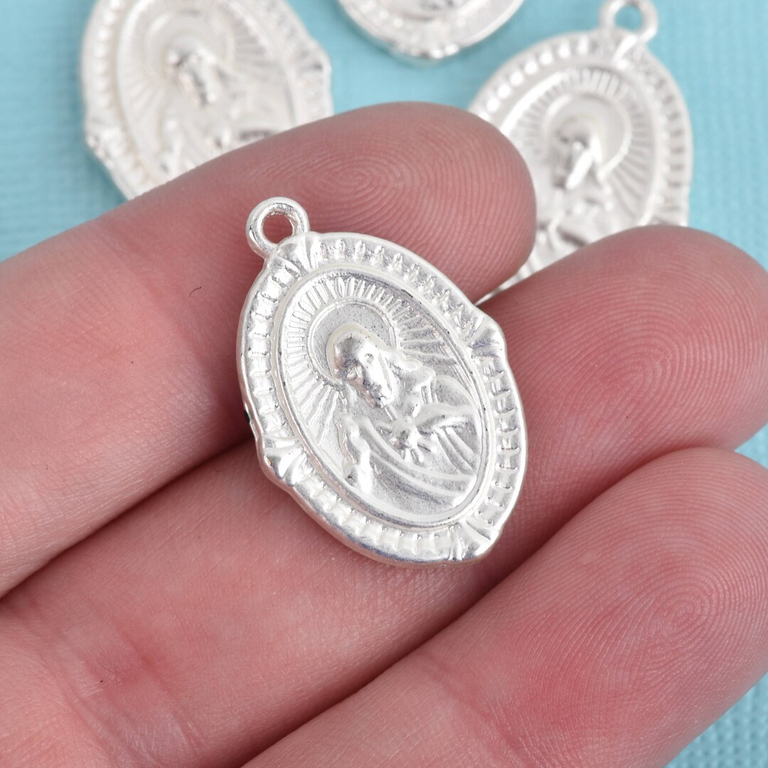 5 MATTE Silver RELIGIOUS MEDAL Pendant Charms, Oval Patron Saint Charms ...