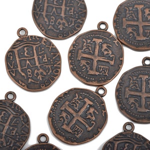 5 Copper Coin Relic Charm Pendants, Round Coin Charms, Copper Plated ...