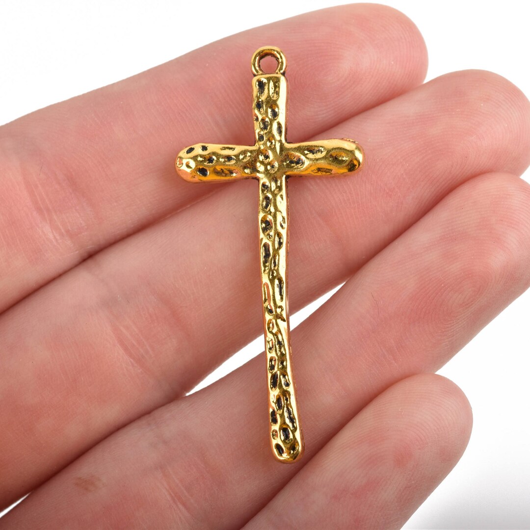 5 Gold Ox Cross Charms, Rustic Hammered Metal, Long Skinny Cross ...