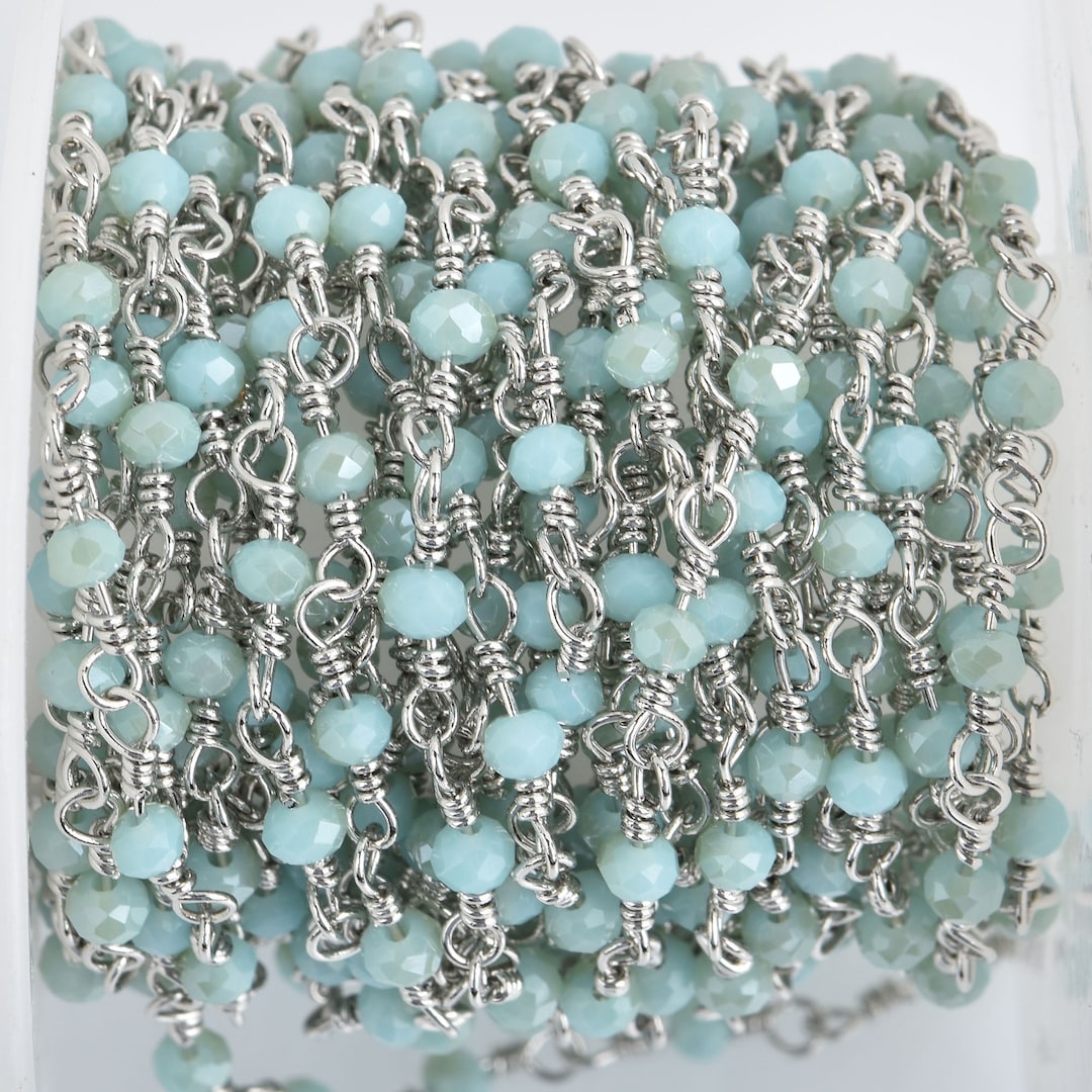 1 Yard LIGHT BLUE Crystal Rosary Bead Chain, Silver Double Wrapped Wire ...