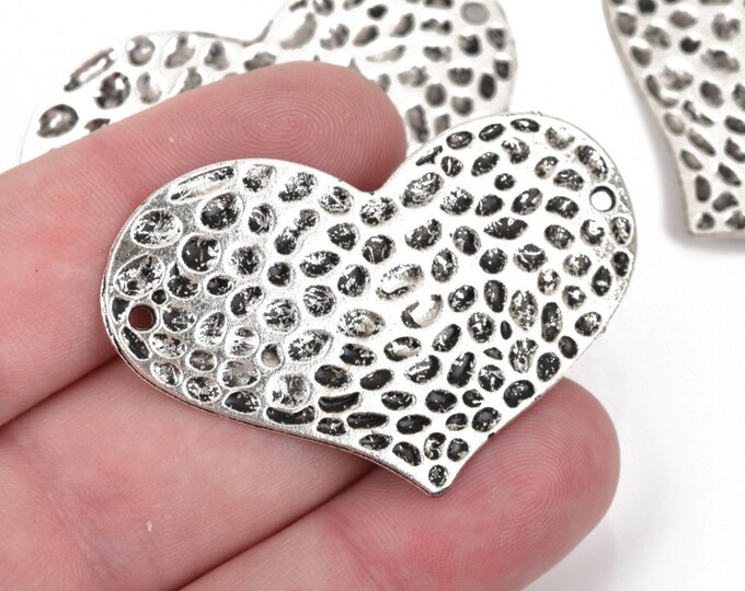 4 Large Silver Sideways HEART Connector Links, Hammered Oxidized Metal ...