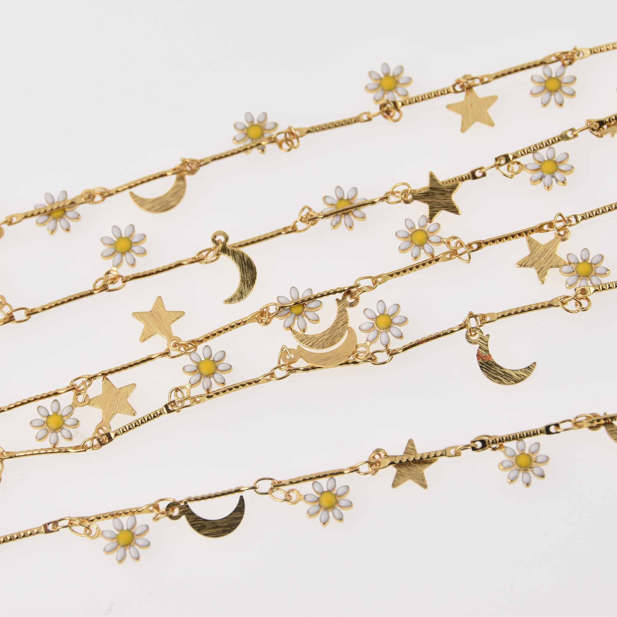 Gold Daisy Chain, White Enamel Flowers, Anklet Chain, Bracelet Chain ...