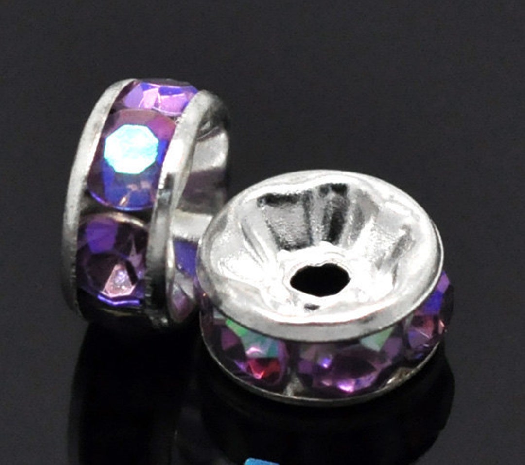 8mm GRAPE PURPLE AB Coated Rhinestone Crystal Silver Plated Spacer ...