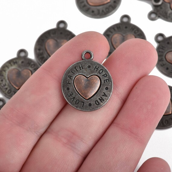 5 Gunmetal Coin Charms Gunmetal Coin With Copper Heart FAITH | Etsy