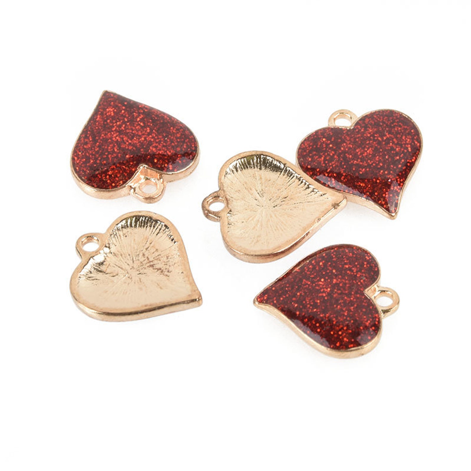 10 Red Heart Charms Glitter Enamel With Gold Plated Charm | Etsy