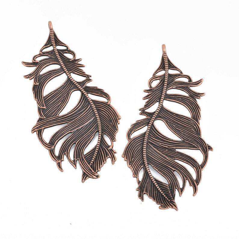 2 Large Copper Filigree FEATHER Charms 3-1/4 long | Etsy