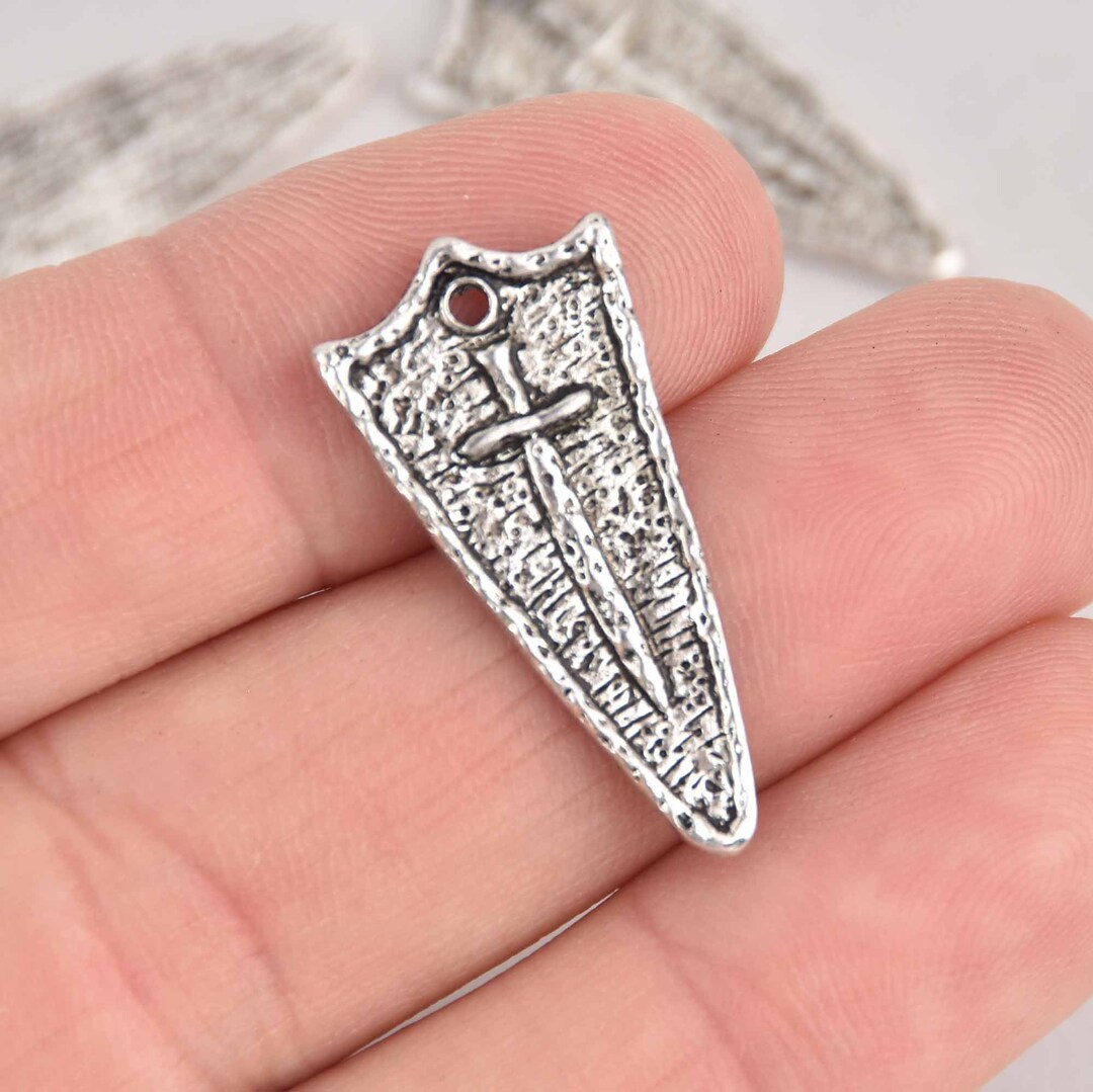 6 Silver Cross Charms, Shield Shape, Rustic Textured Metal, 29mm ...