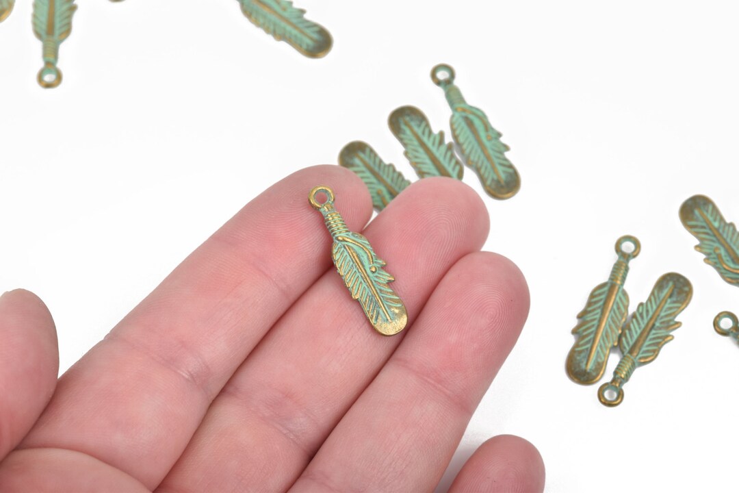 10 Bronze Patina FEATHER Charms, Bronze Verdigris Feather Charms ...