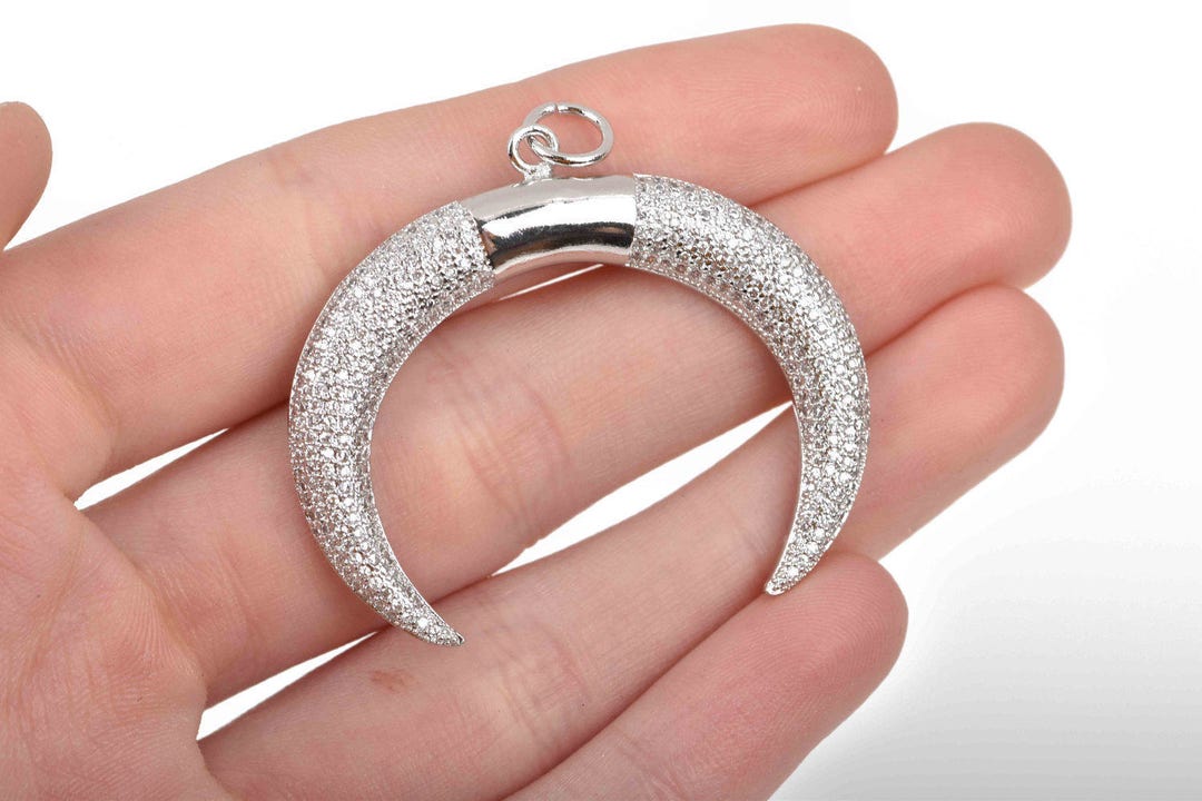 SILVER Double Horn Pendant With Clear Rhinestones Crescent Horn Pavé ...