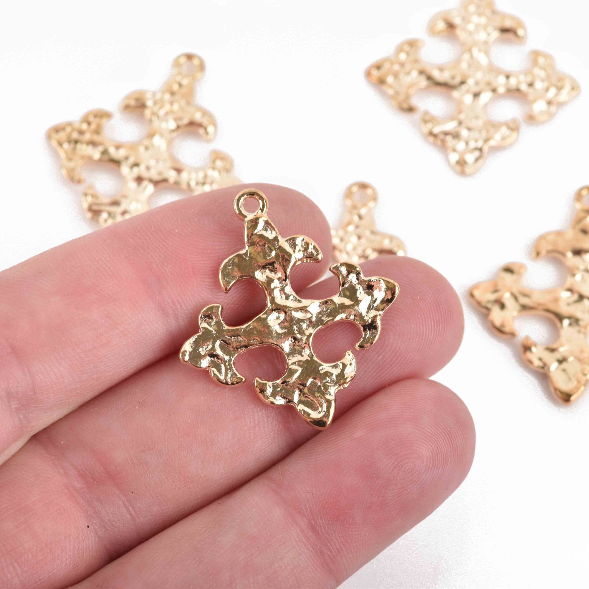 5 Light Gold Cross Fleury Relic Charms, Fleur De Lis Cross, Hammered ...
