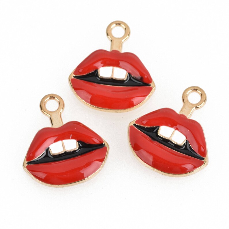 10 RED LIPS Charms Gold Kiss Charms Enamel Valentine's | Etsy