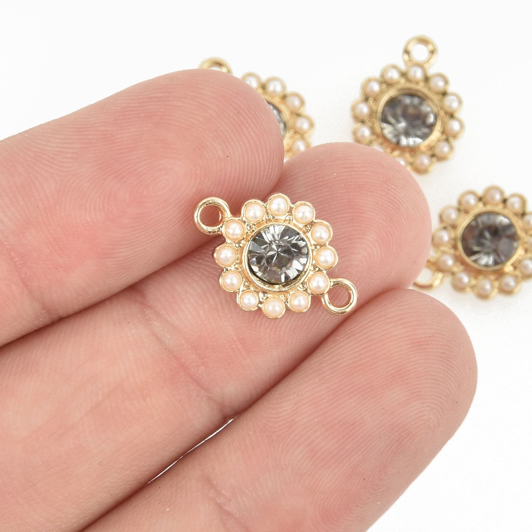 5 Gold Connector Link Charms, Round SMOKE GRAY Crystal Rhinestone With ...