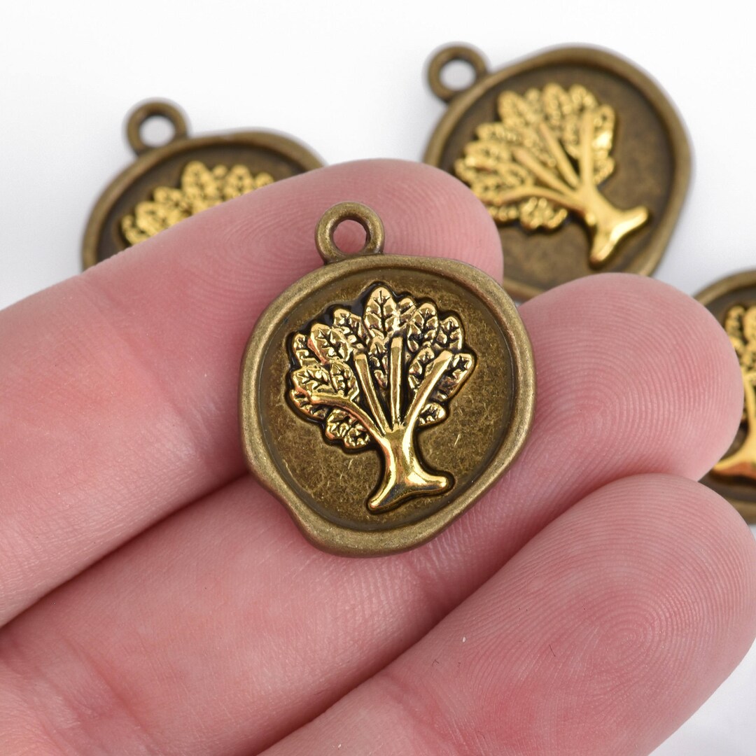 5 Coin Charms, Bronze Coin With Gold Tree, Tree of Life Charms, Round ...