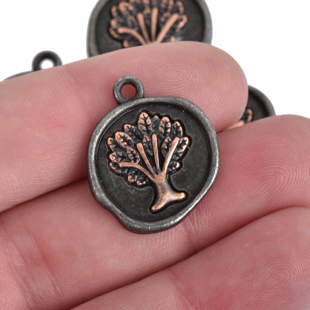 5 Gunmetal Copper Coin Charms, Gunmetal Coin With Copper Tree, Round ...