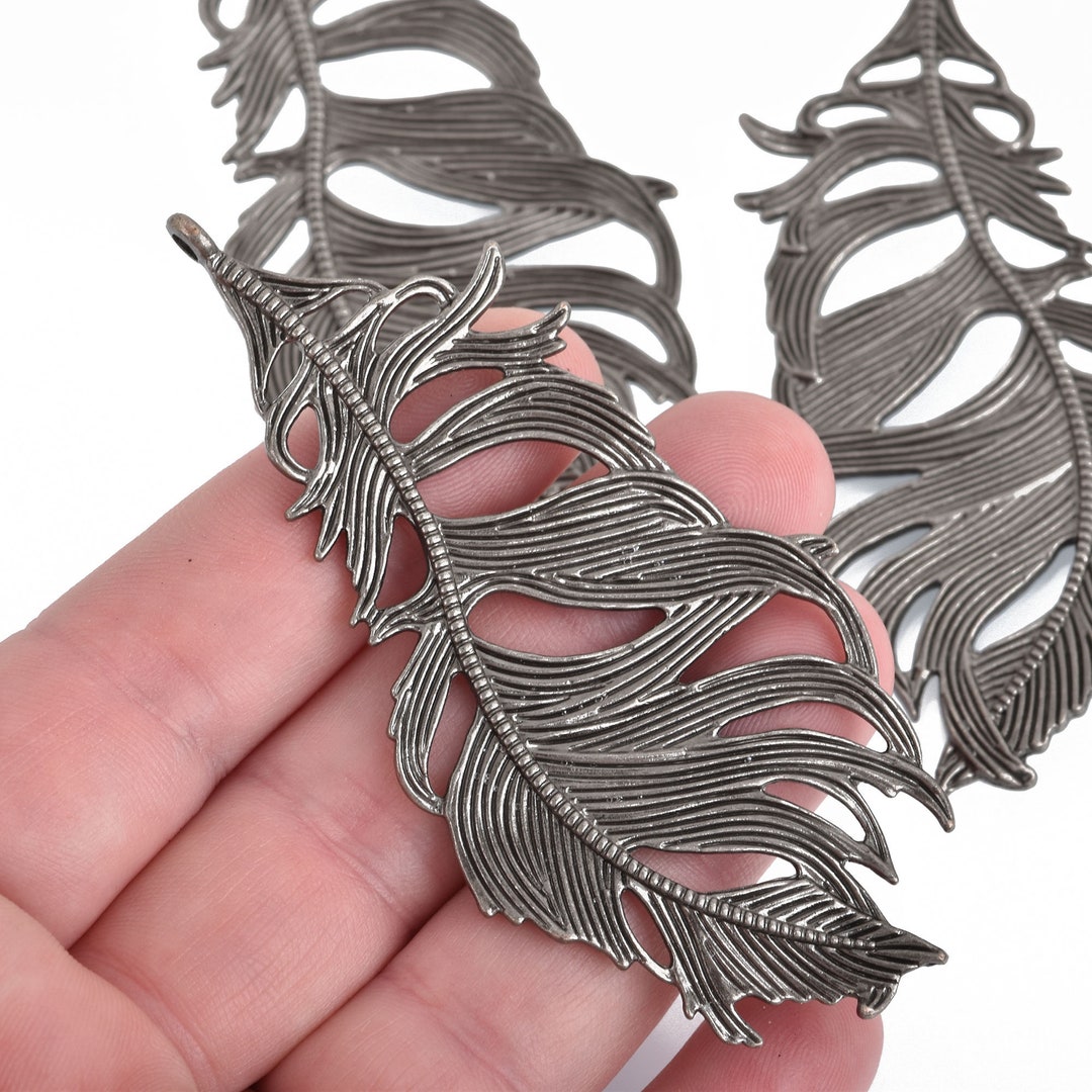 2 Large Gunmetal Filigree FEATHER Charms 3-1/4" Long Chs4227 - Etsy