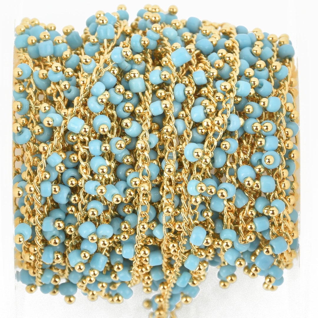 1 Yard TURQUOISE BLUE Crystal Bead Chain, Bright Gold Wire Loops, 2.5mm ...