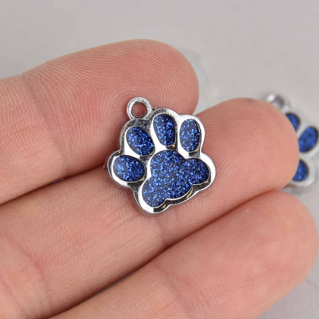 6 Royal Blue Paw Print Charms, Glitter Enamel With Silver, 16mm ...