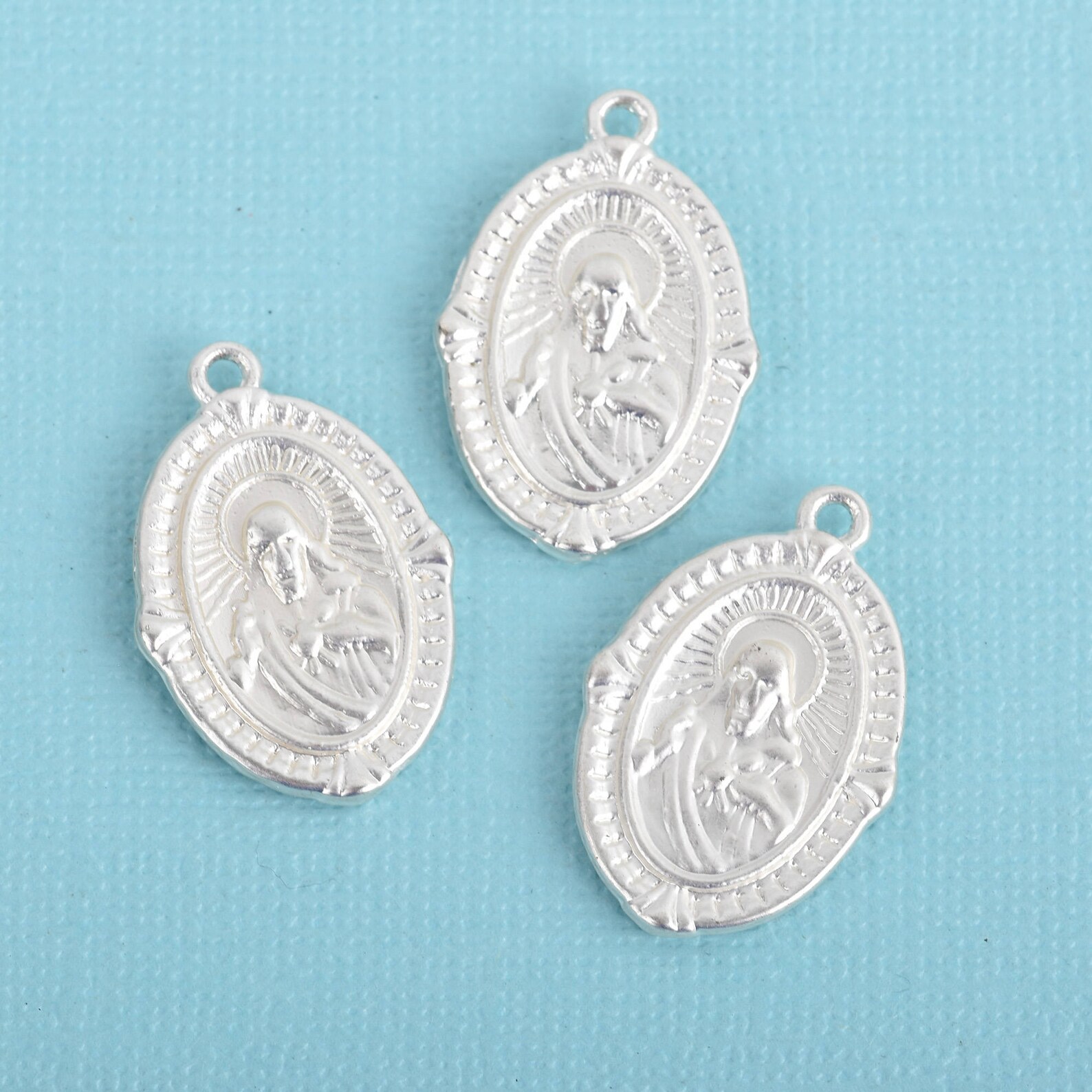 5 MATTE Silver RELIGIOUS MEDAL Pendant Charms Oval Patron | Etsy