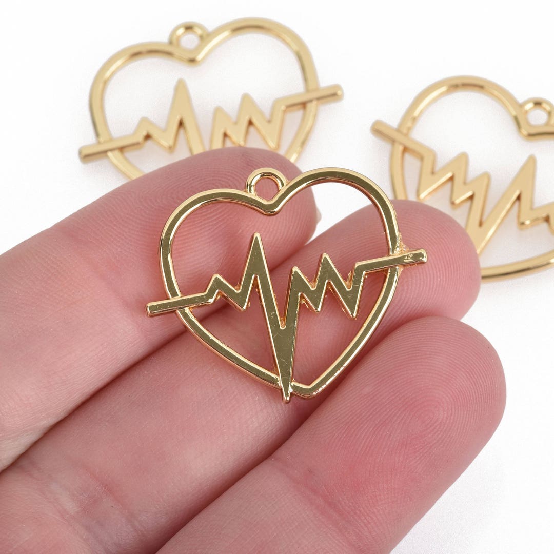 5 Gold HEARTBEAT Charms, Gold Science Charm Pendants, EKG Charms ...