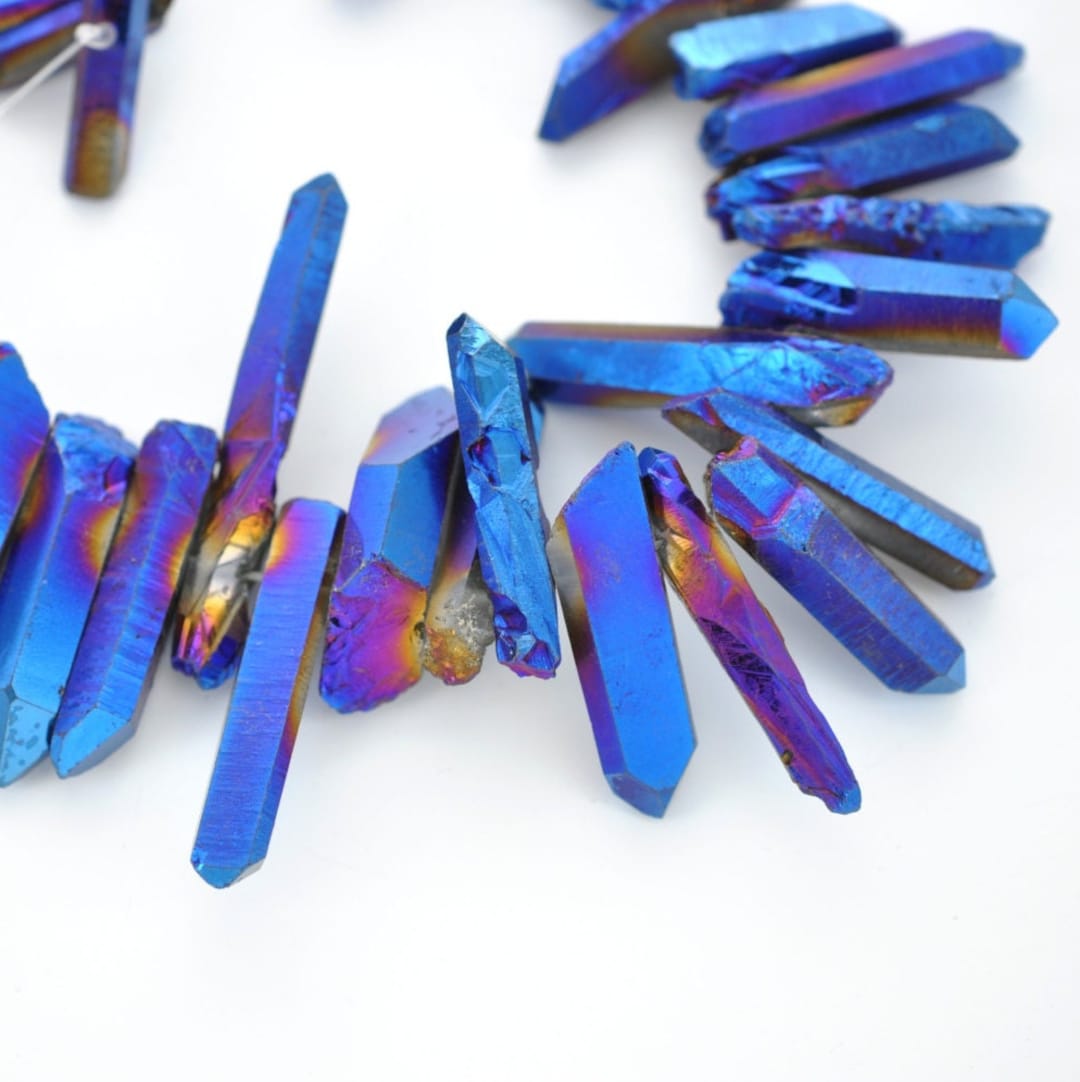 12 Titanium Coated Crystal Quartz Tusk or Point Beads . Genuine ...