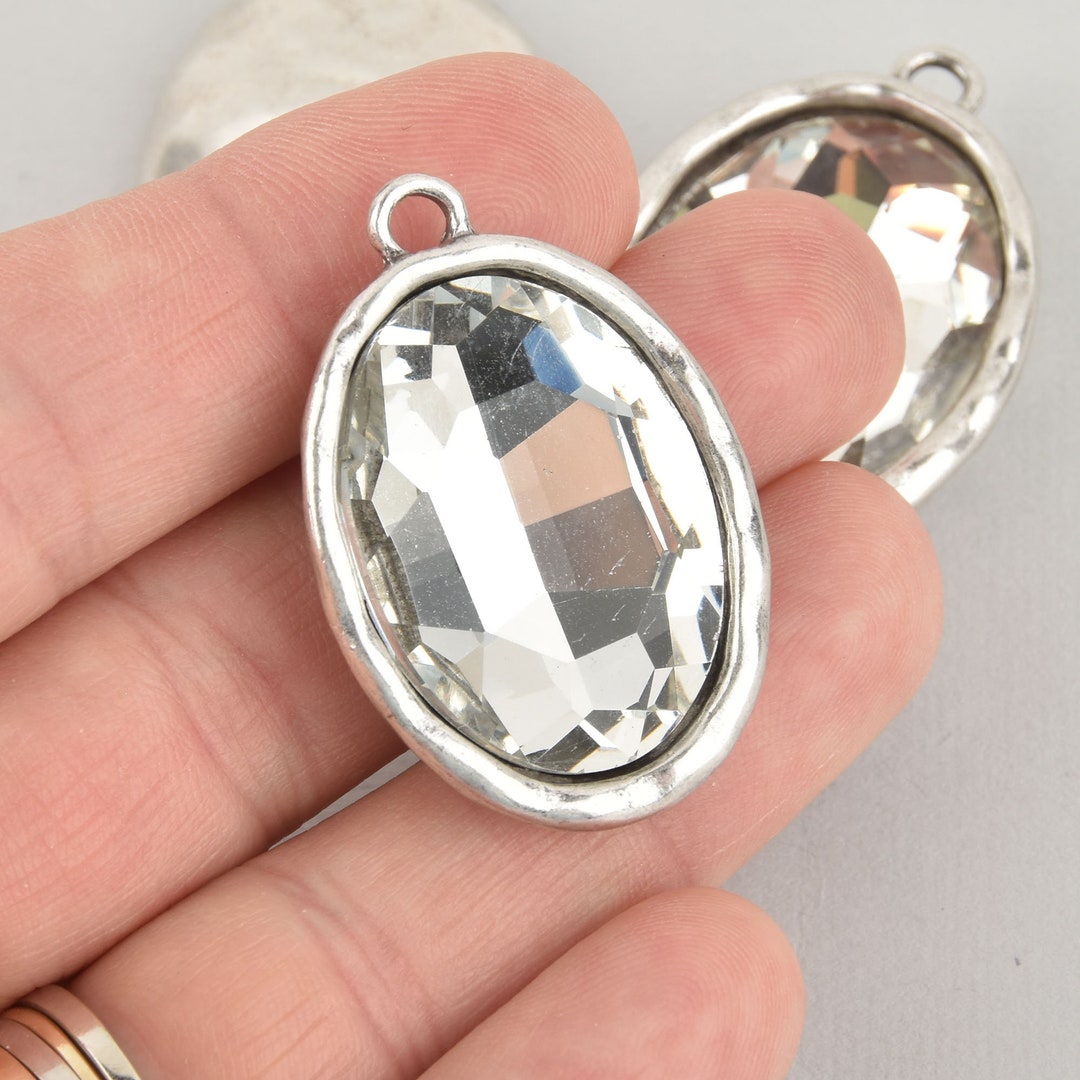 Clear Rhinestone Drop Charm, Oval Crystal Glass in Silver Tone Bezel ...
