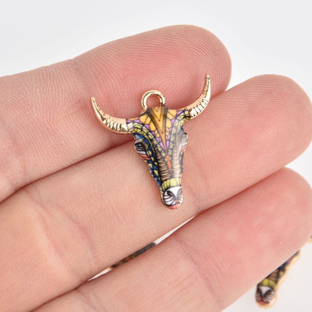 6 Bull Skull Charms Gold Plated With Flowers, Multicolor, Chs6912 - Etsy