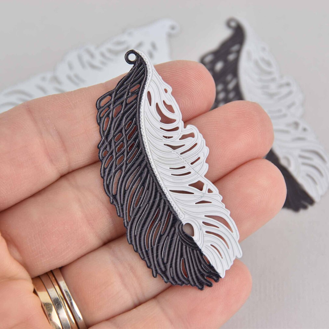 2 Metal Feather Charms Filigree Enamel, Black and White, 2-3/8 ...