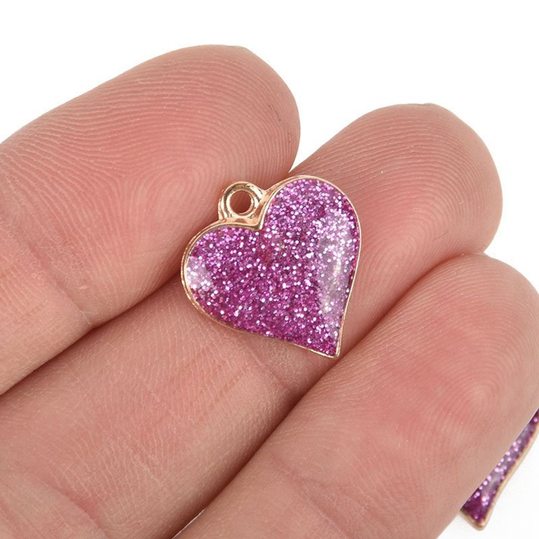 10 Purple Heart Charms, Glitter Enamel With Gold Plated Charm, 17mm ...