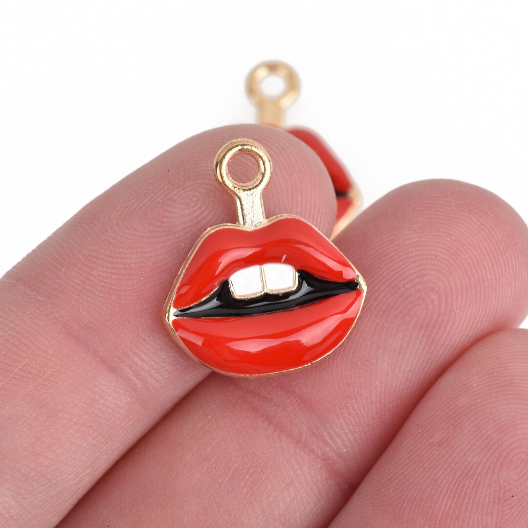 10 RED LIPS Charms, Gold Kiss Charms, Enamel Valentine's Day Charms ...