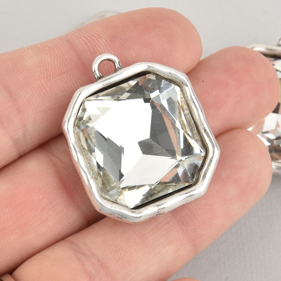 Clear Rhinestone Drop Charm, Square Crystal Glass in Silver Tone Bezel ...