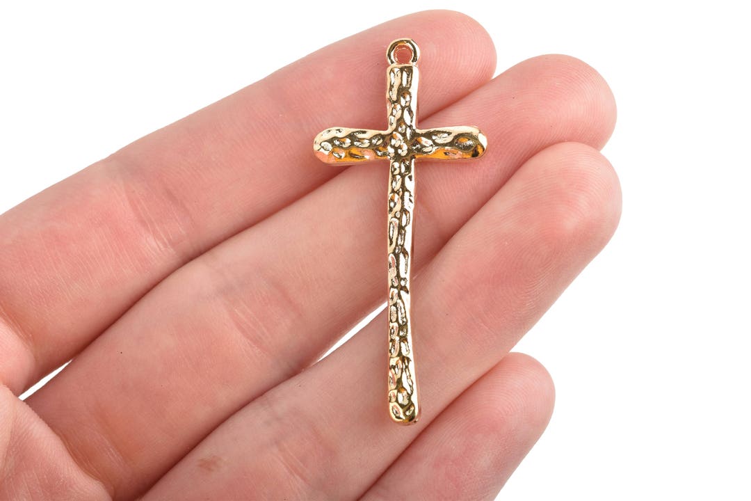 5 Light Gold Cross Charms, Rustic Hammered Metal, Long Skinny Cross ...