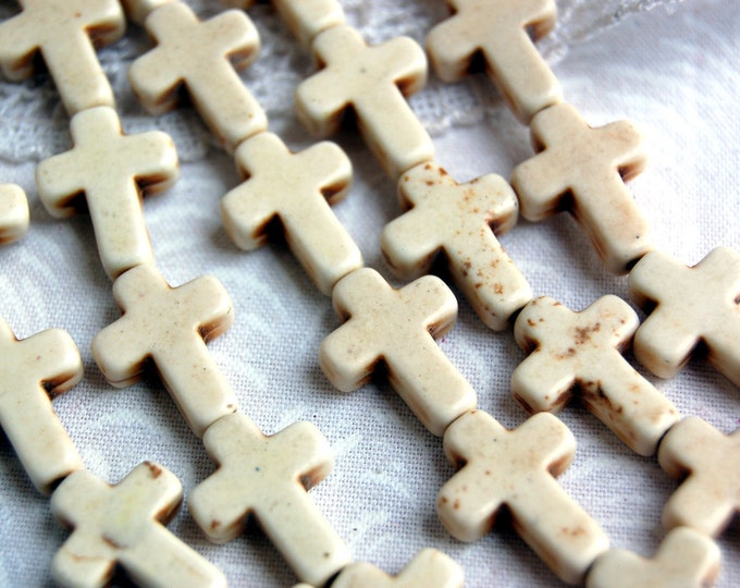 1 Strand, 24 Beads Small Stone Cross Beads in WHITE, 16x12mm Sideways ...
