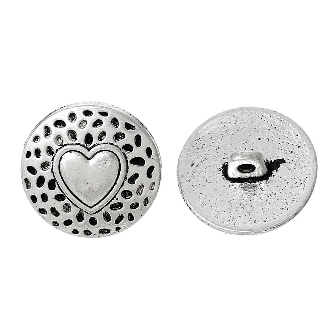 6 Antique Silver Metal Round Textured HEART Circle Shank Buttons for ...