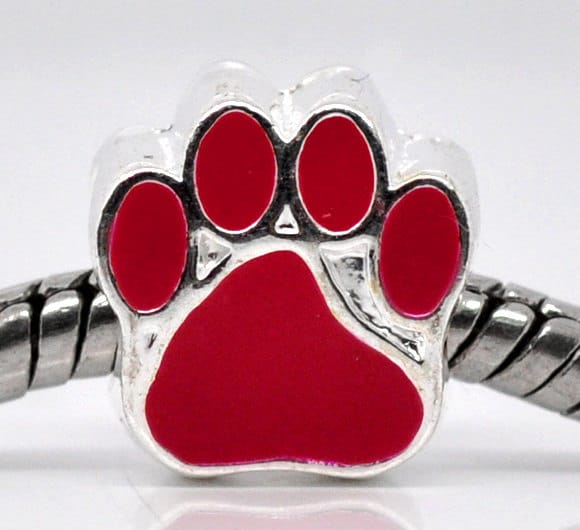 2 Silver Metal and Enamel RED PAW PRINT Charm European Bead for Large ...