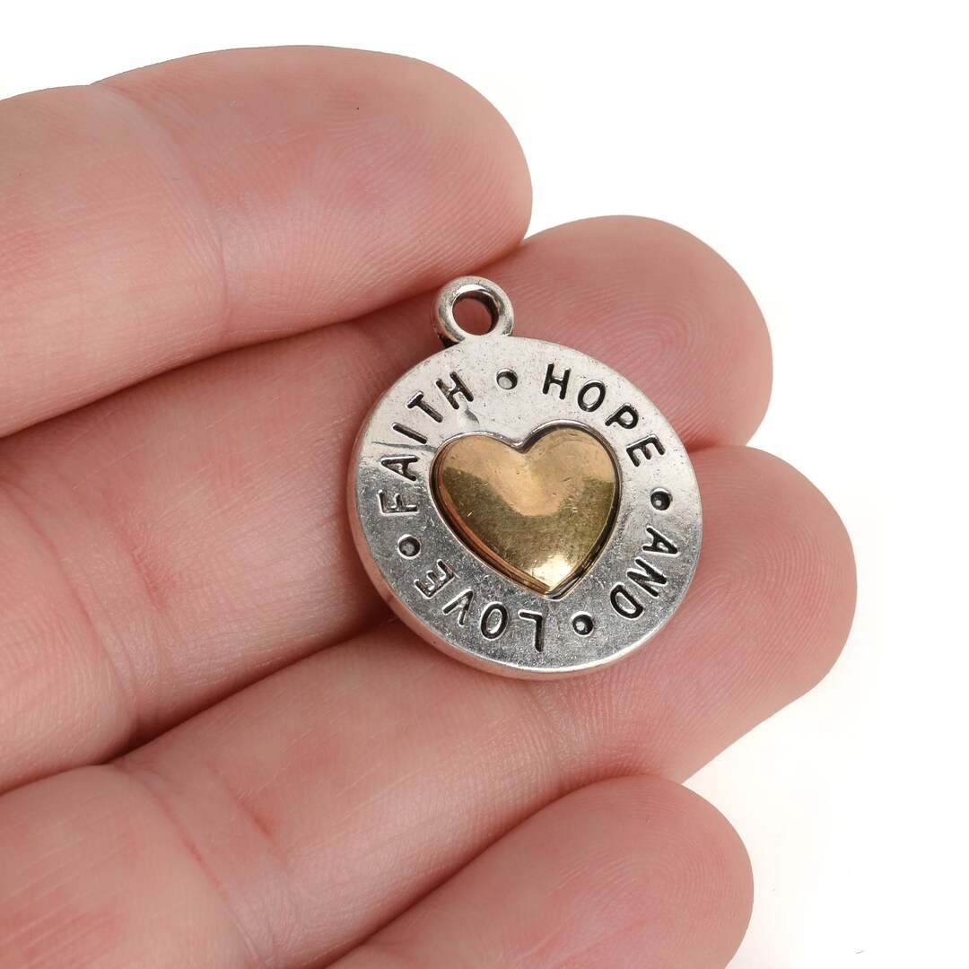 5 Silver Coin Charms, Silver Coin With Gold Heart, FAITH HOPE LOVE ...