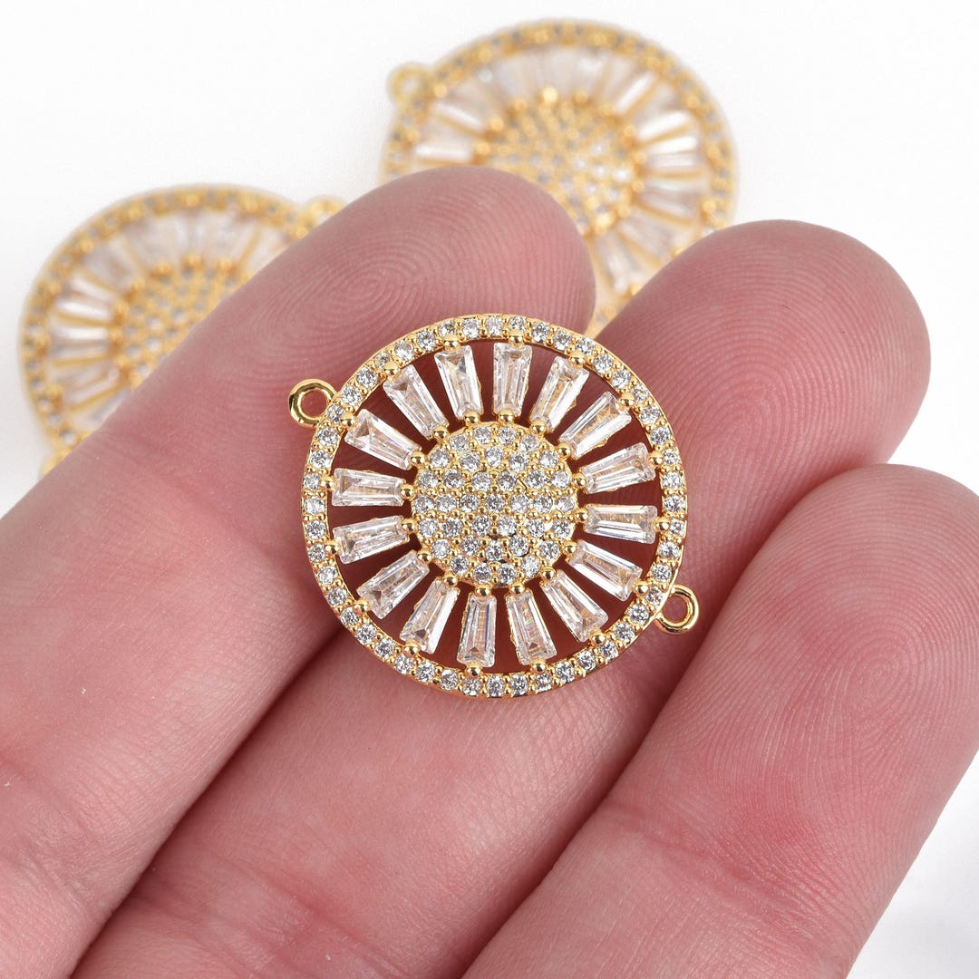 Gold Round Charm, Micro Pave CZ Cubic Zirconia Crystals, Rhinestone 2 ...