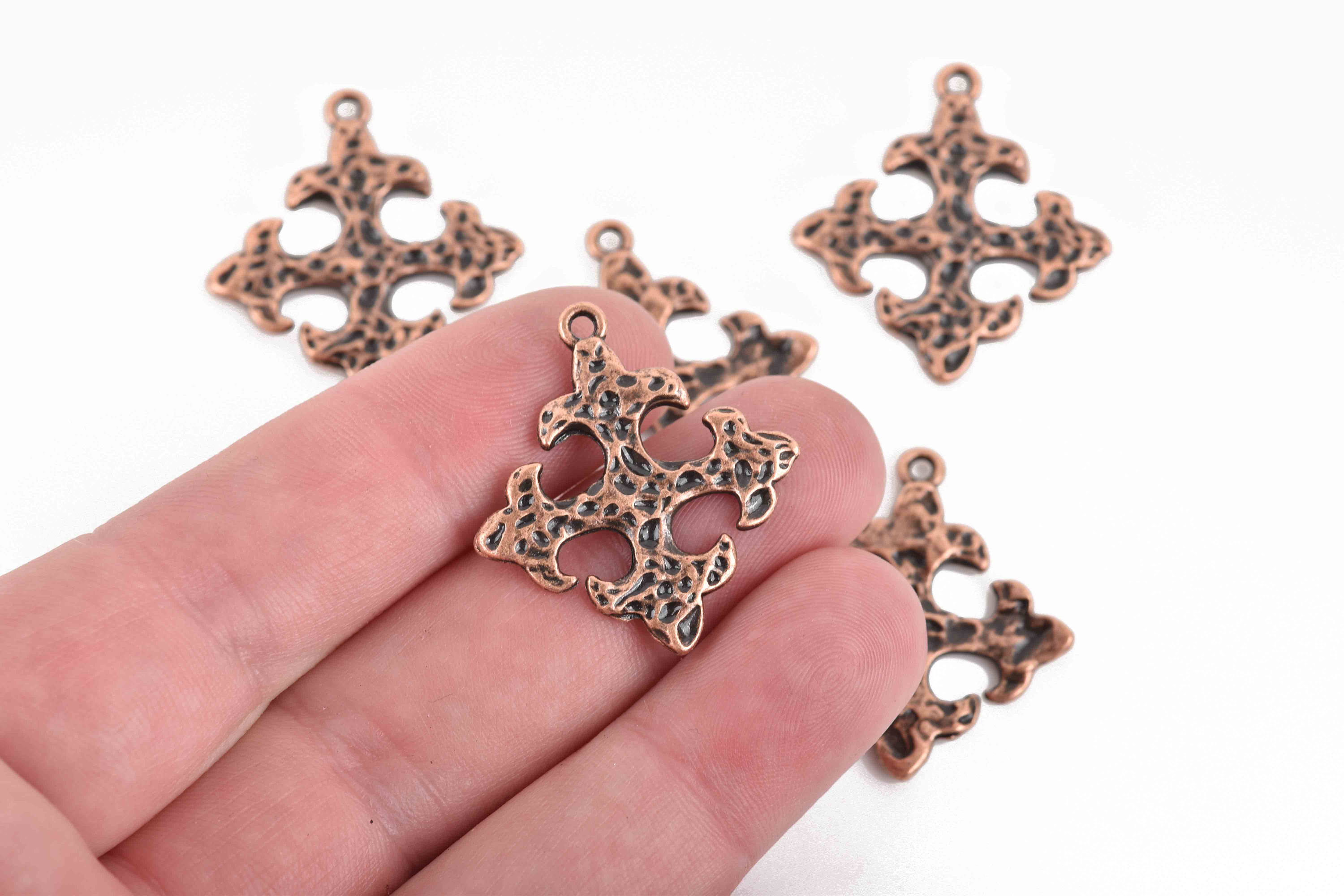 5 Copper Ox Cross Fleury Relic Charms, Fleur De Lis Cross, Hammered ...