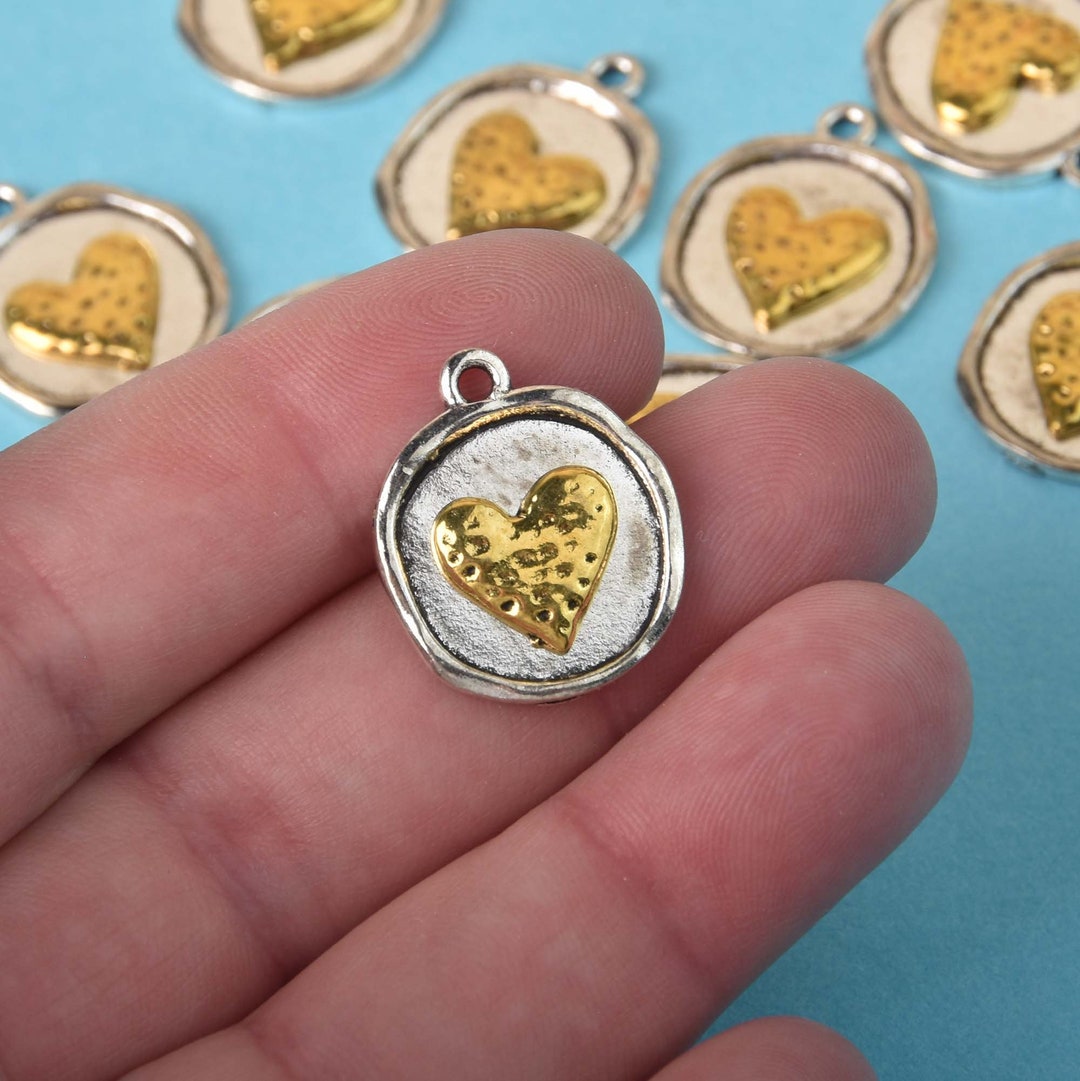 Silver Heart Charms, Silver Coin With Gold, Round Coin Charms, Chs8356 ...