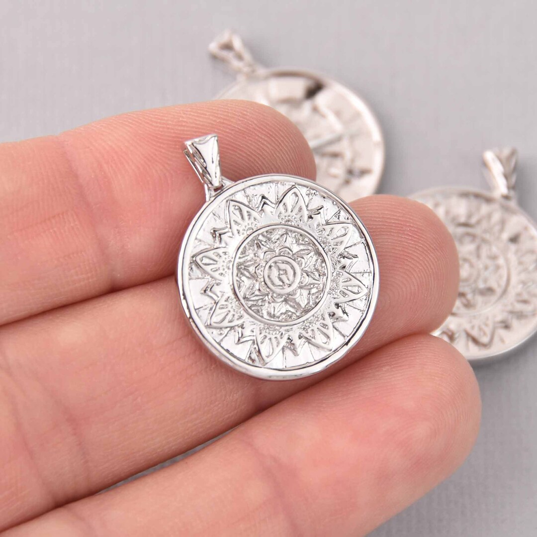 2 Silver Coin Relic Charms, Compass Rose, Real Platinum Plated Round ...