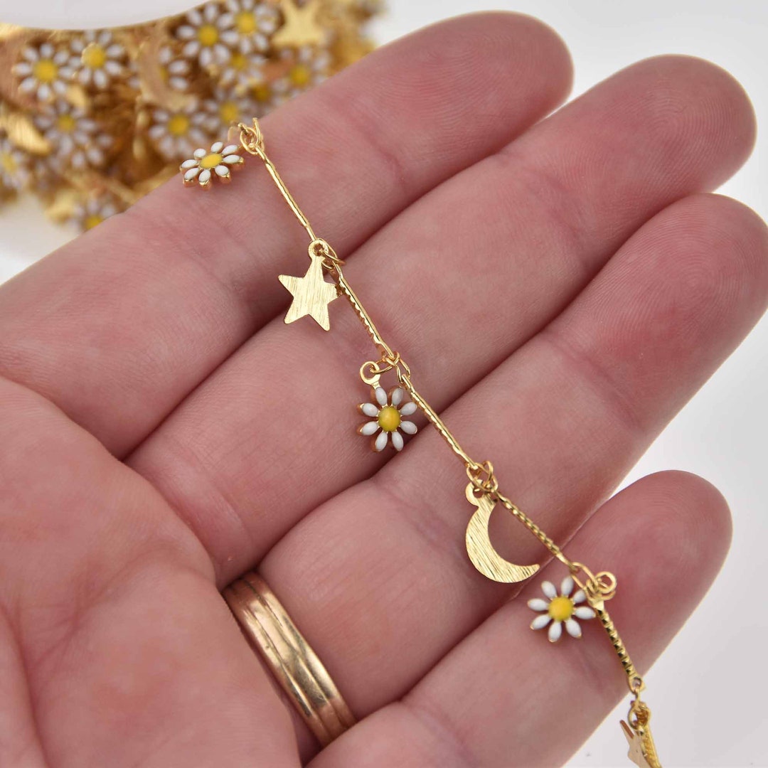 Gold Daisy Chain, White Enamel Flowers, Anklet Chain, Bracelet Chain ...