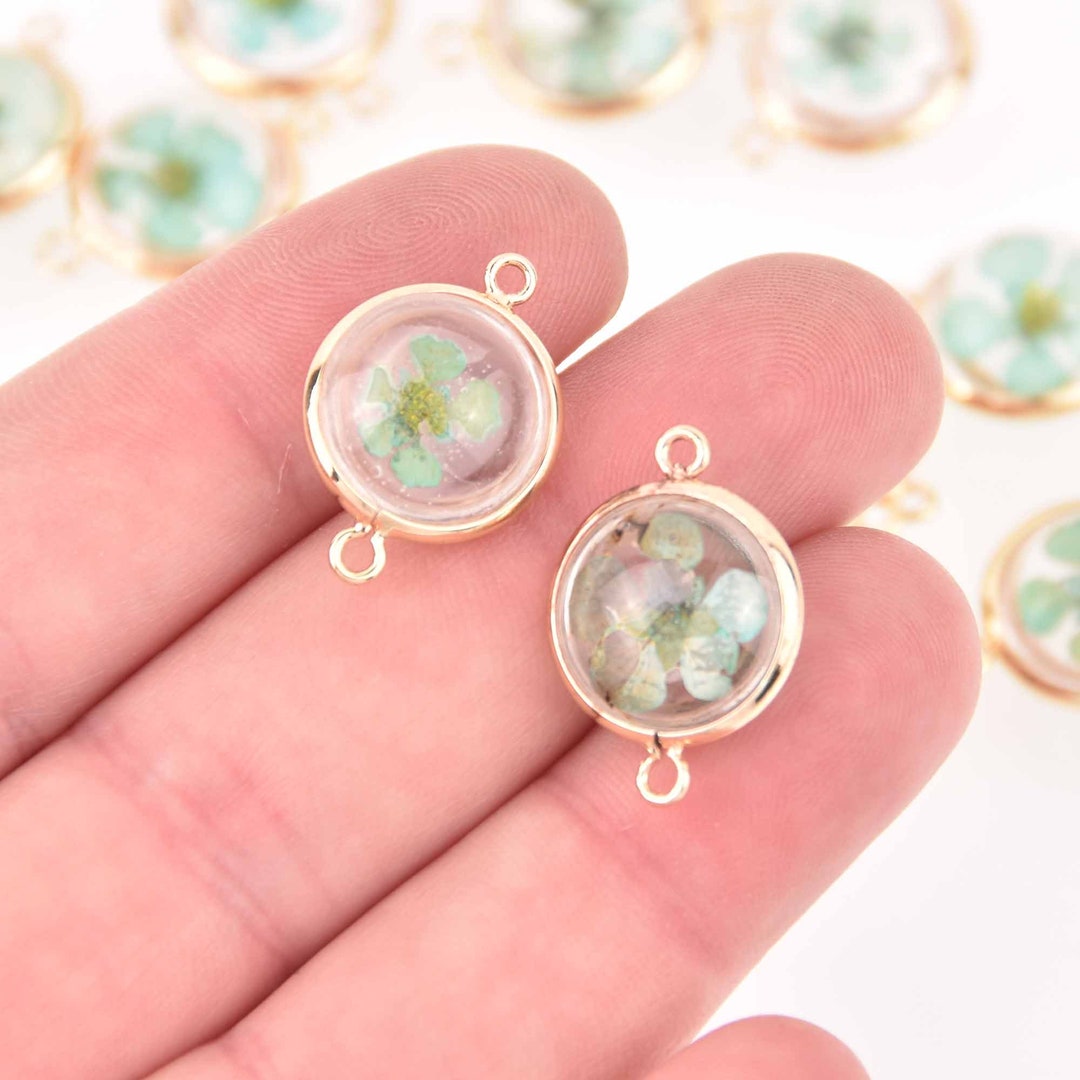 2 Blue Pressed Flower Charms, Glass With Gold Connector Bezel, Chs7879 ...